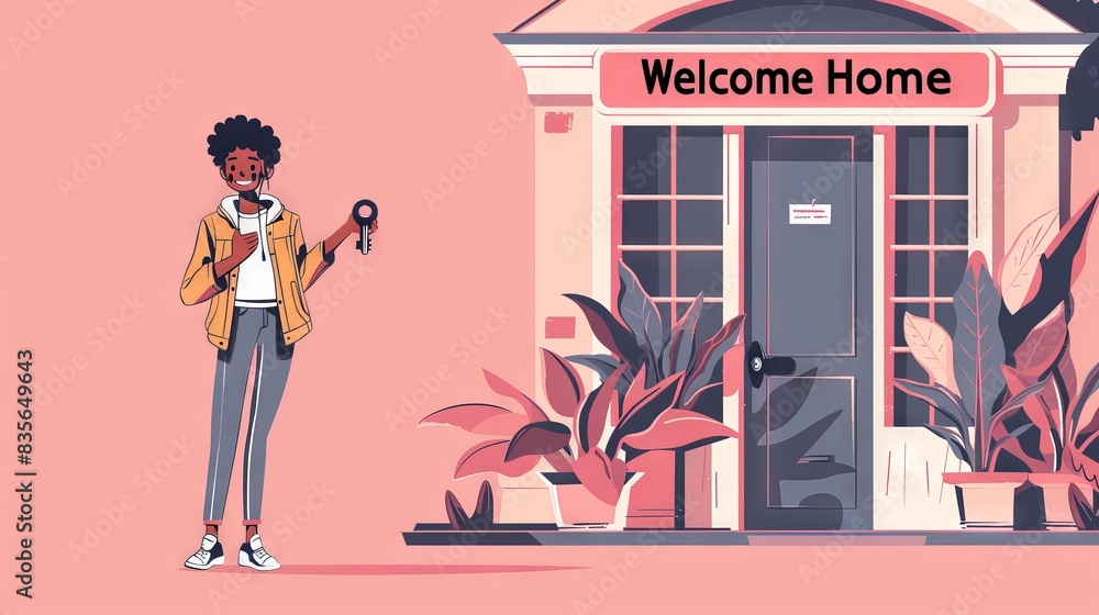 An illustration in 2D flat style featuring a character holding a key ...