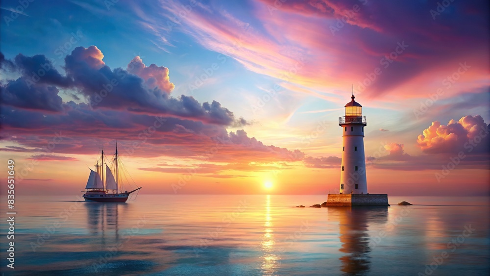 Pastel gradient background with a majestic lighthouse guiding vessels ...