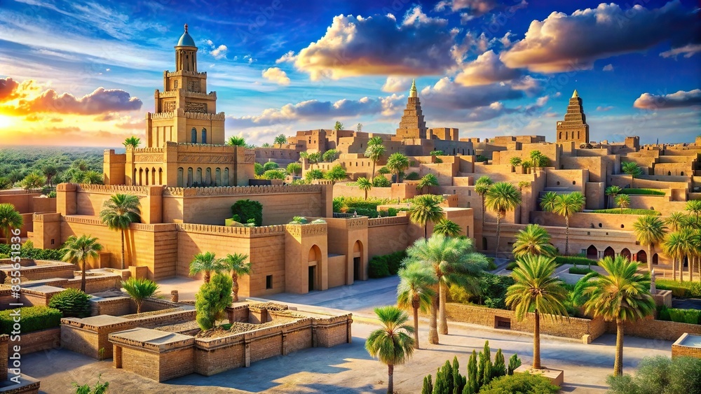 Ancient city of Babylon with Tower of Babel and picturesque houses ...