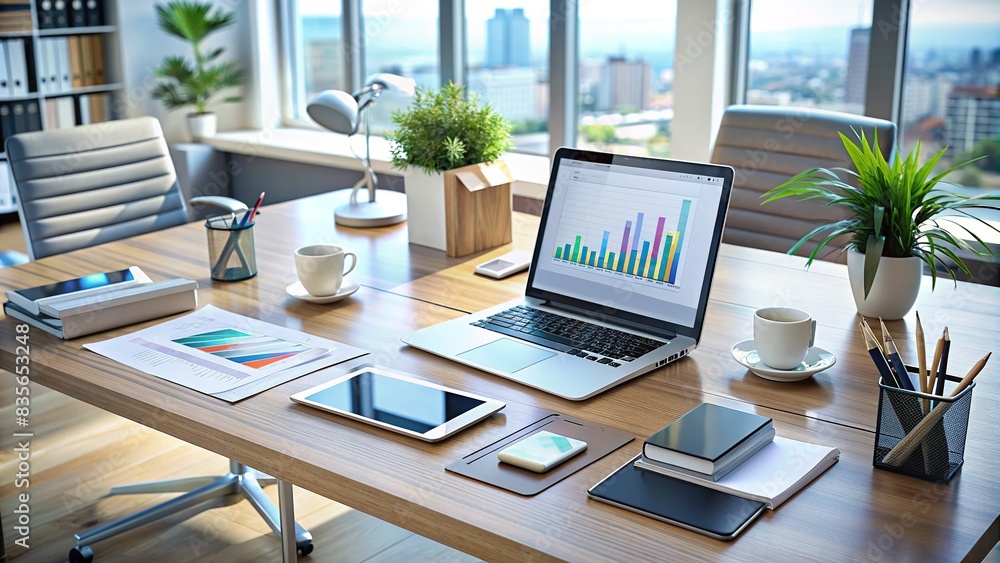 A modern office desk with mobile devices and documents for digital ...