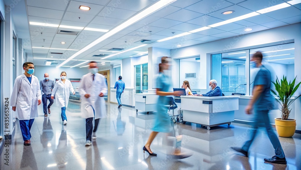 Motion blurred hospital interior with doctors and staff working quickly ...