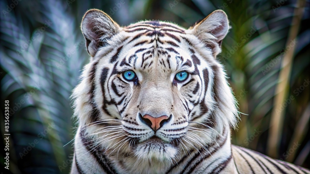White tiger with striking blue eyes staring into the camera in a ...