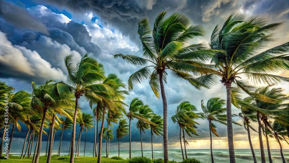 Tropical storm with swirling palm trees in rainy season , Cyclone, palm ...