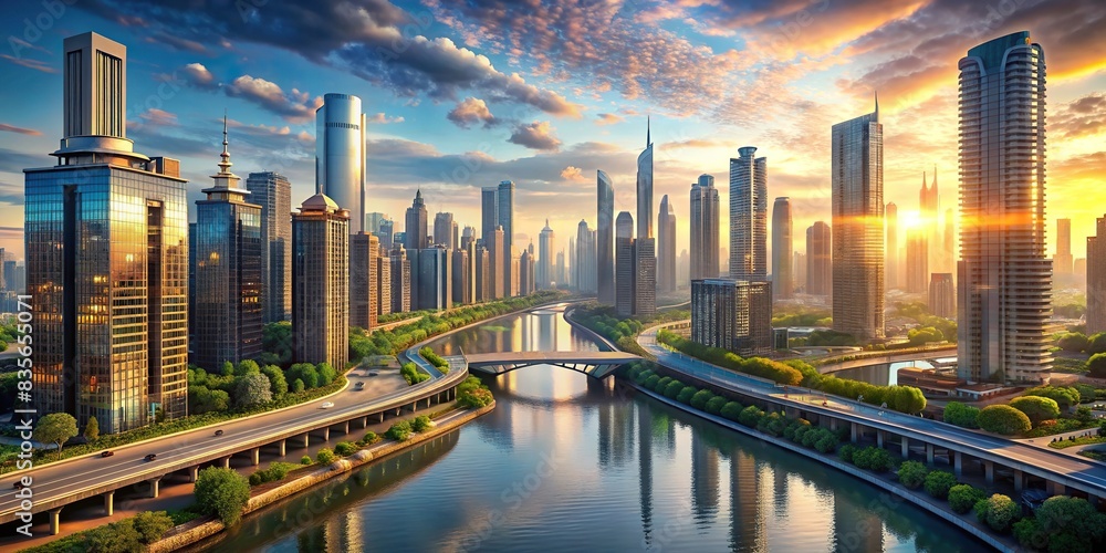 AI generated urban cityscape with a river flowing through, featuring ...