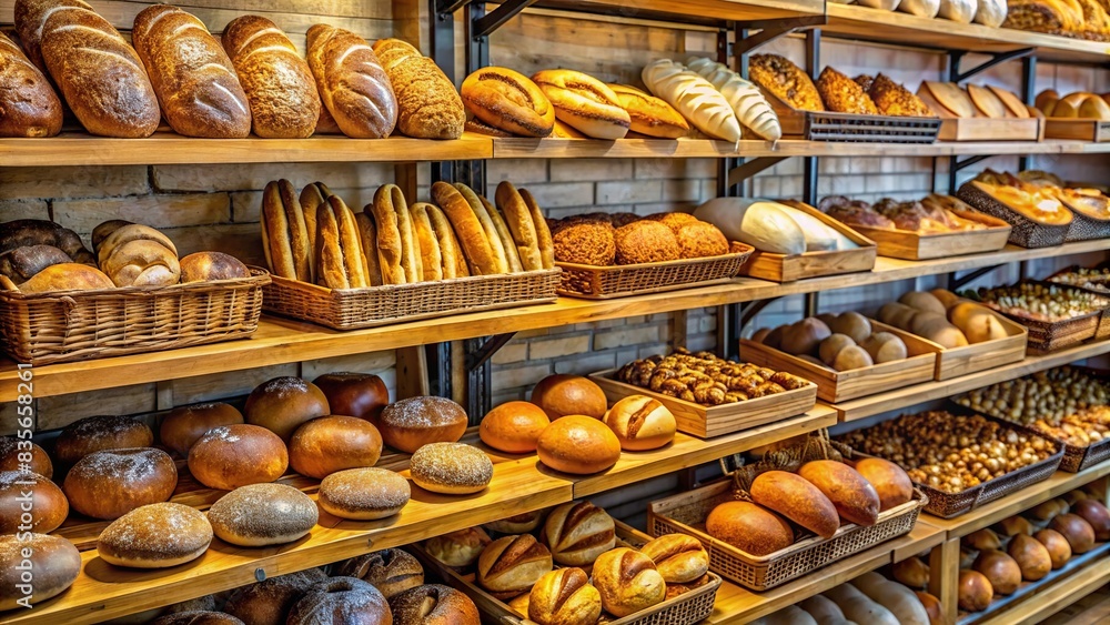 Assorted baked bread displayed on shelves in bakery shop, bakery, fresh ...