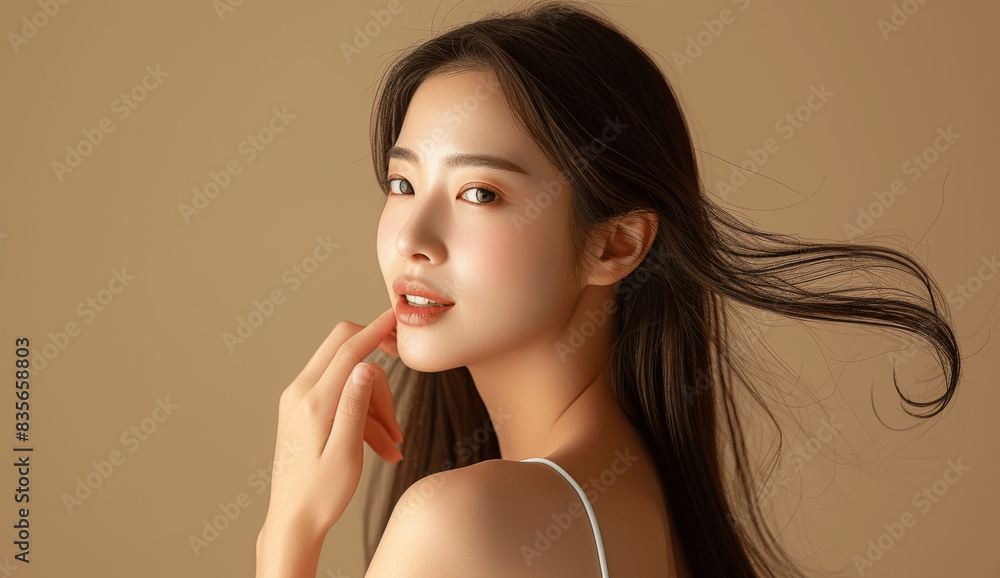 Elegant Korean Woman with Smooth Skin and Flowing Hair in Studio Stock ...
