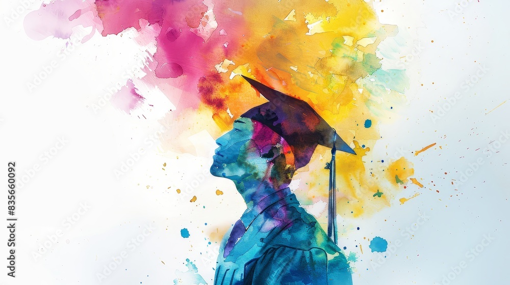 Graduate silhouette with colorful watercolor splash - A silhouette of a ...