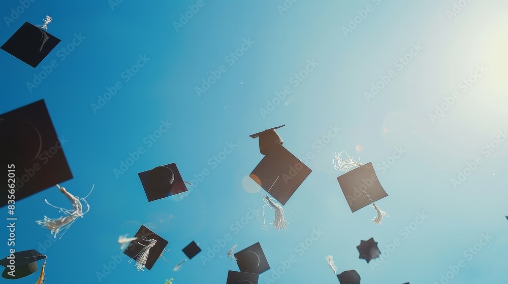 Graduation caps flung in the air with lens flare - Caps, tassels flung ...