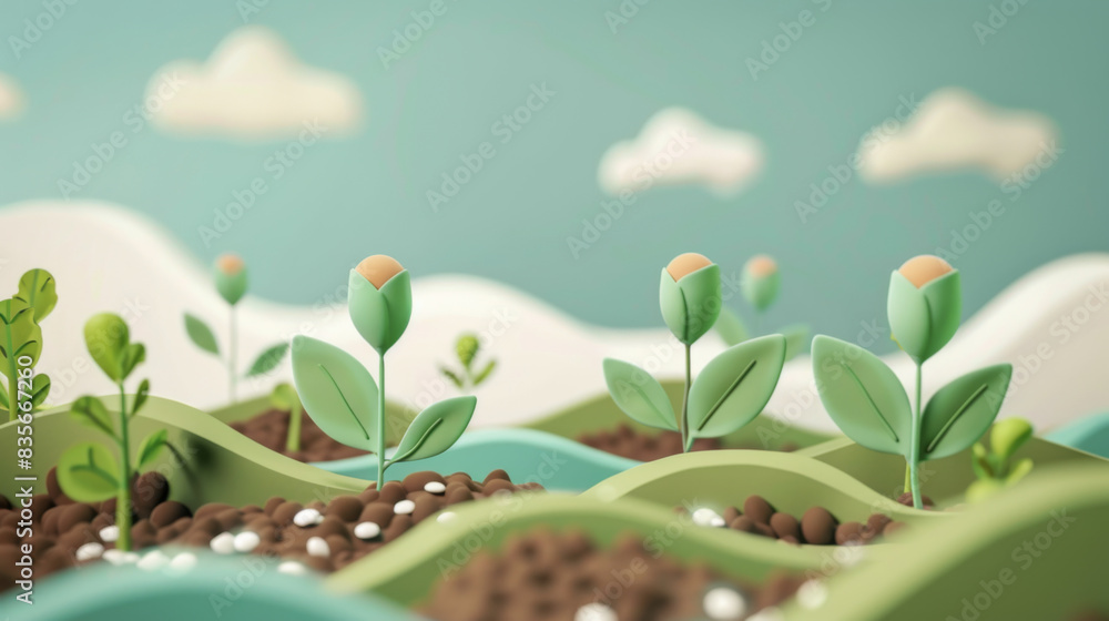 Paper craft-style sprouts emerge from a whimsical garden with rolling ...
