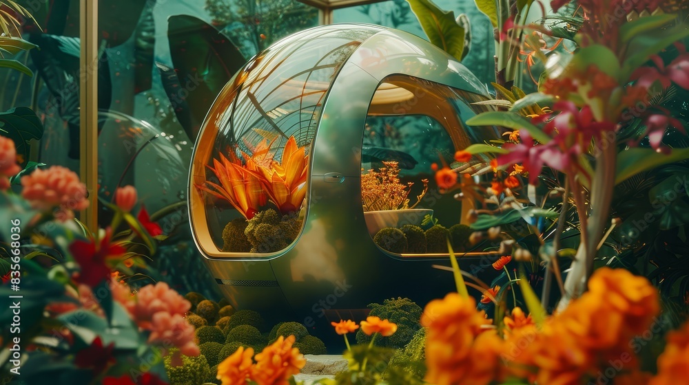 Futuristic pod among tropical flora - An image featuring a sleek ...