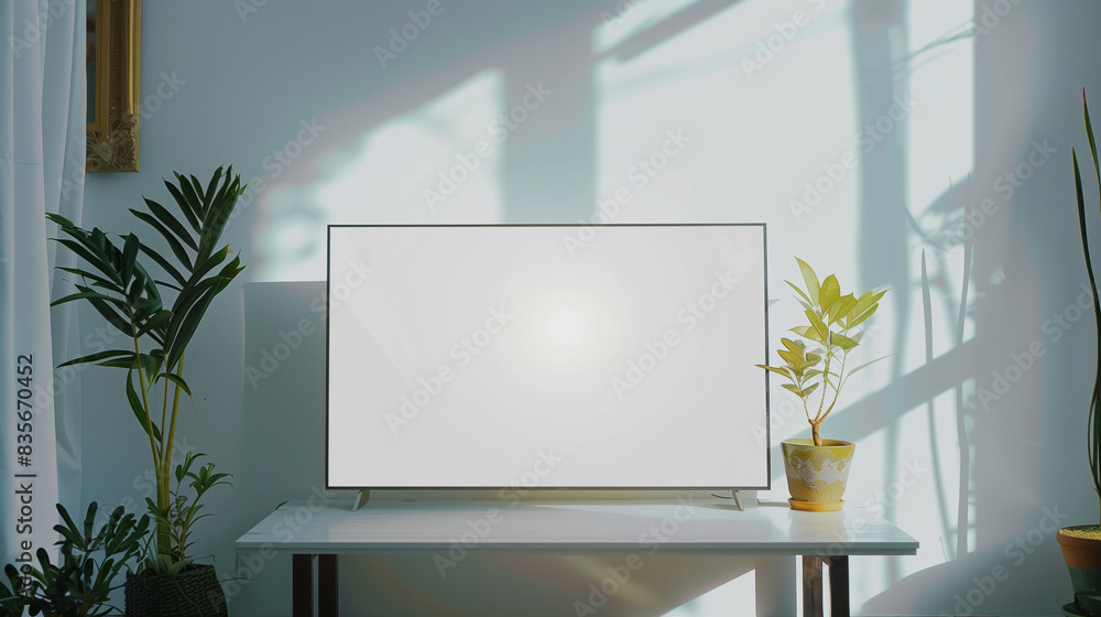 Blank white screen TV on a minimalist table showing table details with ...