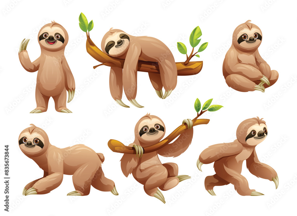 Set of sloth in various poses. Vector cartoon illustration Stock Vector ...