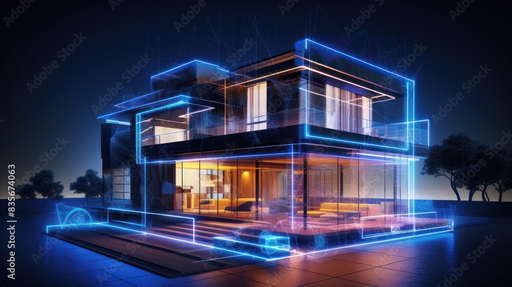 hologram, Sketch design and drafting of wireframe of building a modern ...