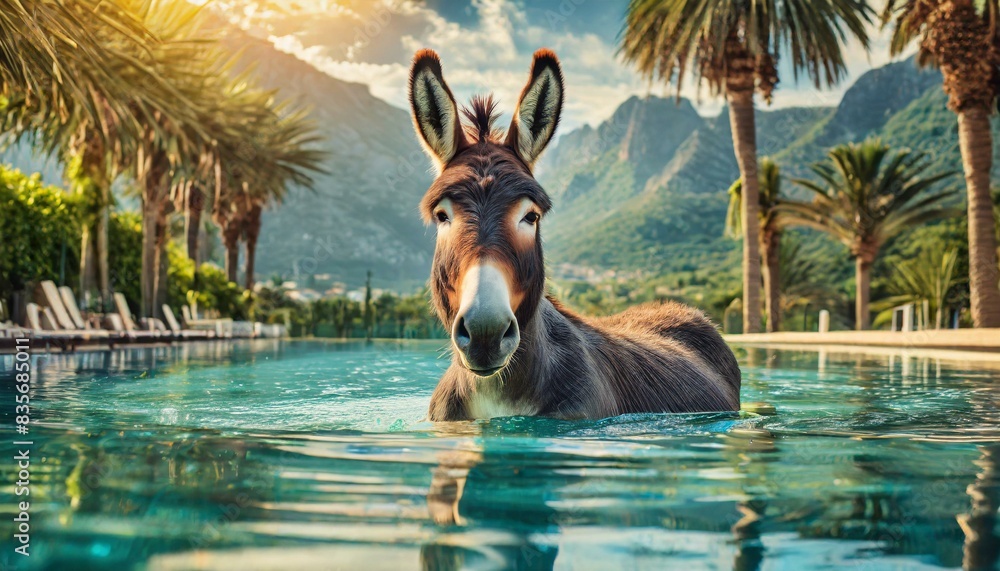 Happy animals donkey swimming in the swimming pool on resort on ...