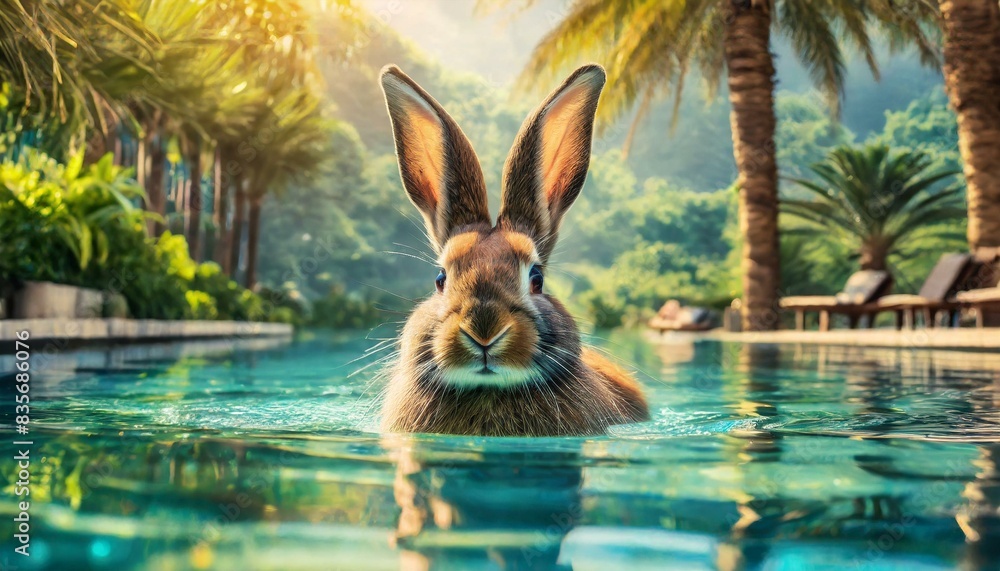 Happy animals rabbit swimming in the swimming pool on resort on ...