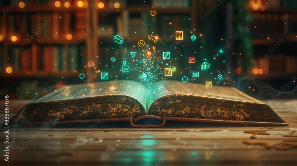 Digital Knowledge Explosion from Open Book in Library. a book on a ...