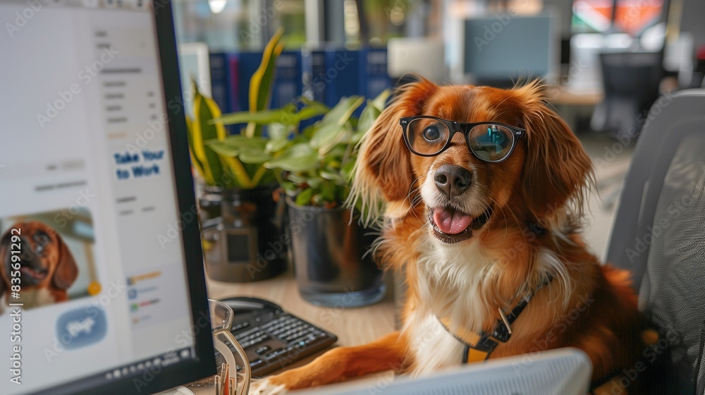 Cute dog wearing glasses sitting next to a computer monitor in a modern ...