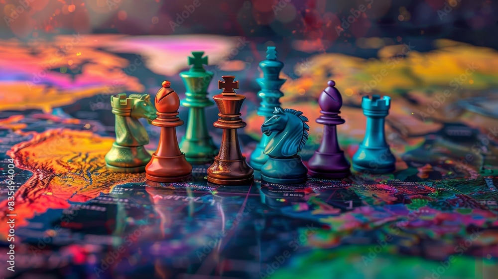 Colorful chess set on a world map - Vibrant chess pieces strategically ...