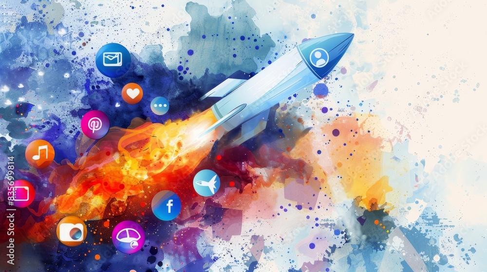 Colorful rocket blasting off with app icons - The image depicts a ...