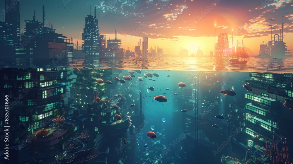 Underwater city with bio-engineered marine habitats, showcasing ...