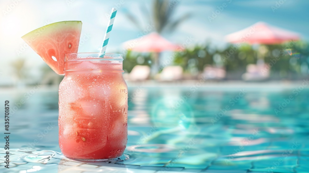 A relaxing poolside setup with a refreshing watermelon smoothie in a ...