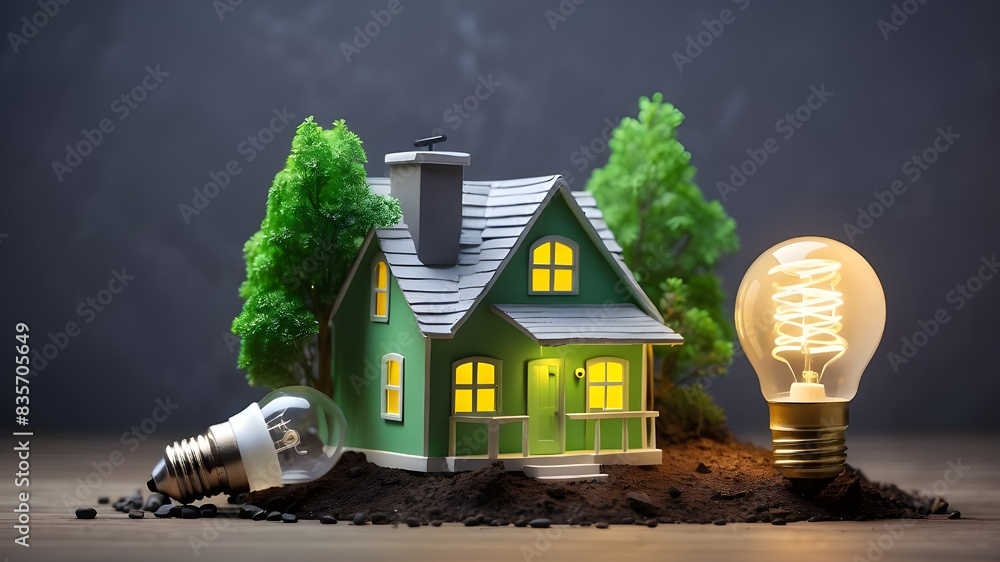 light bulb with house,Small house model and light bulb on the ground ...
