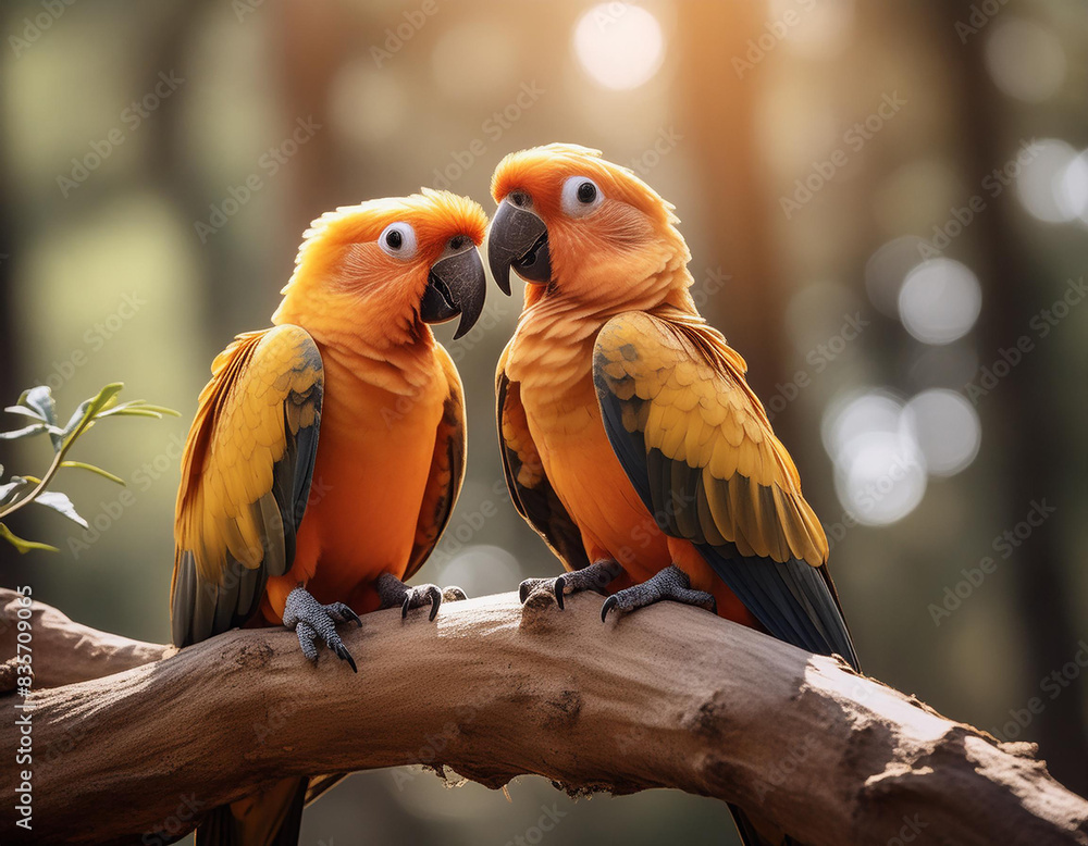hermosos loros del sol que se posan en una rama de árbol en el bosque ...