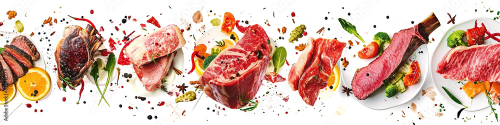 Meat border in horizontal line isolated on white. Different types of ...