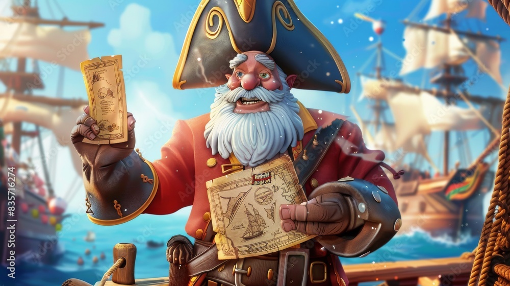 The great pirate was holding a map and thinking about treasure. Stock ...