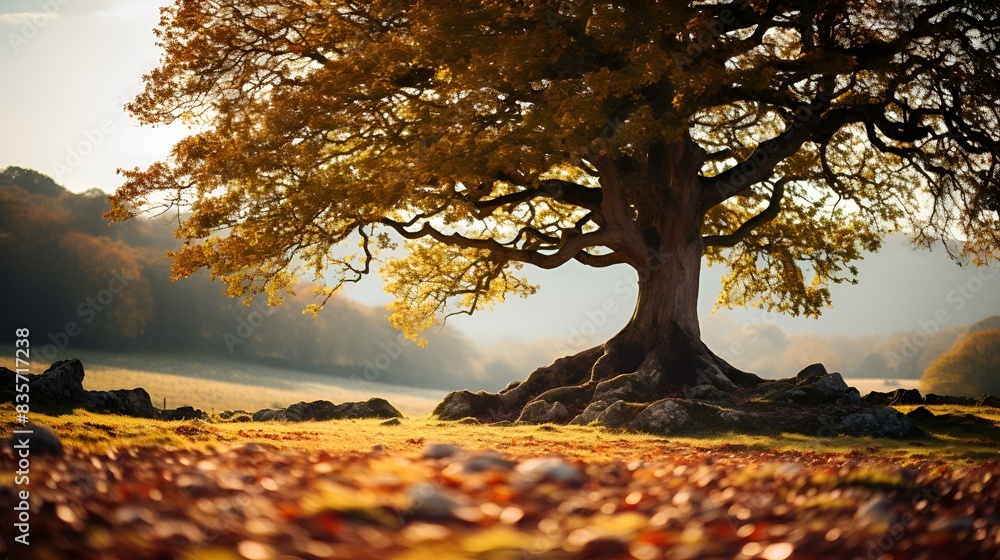 Iconic oak tree standing proudly in the center. Stock Photo | Adobe Stock