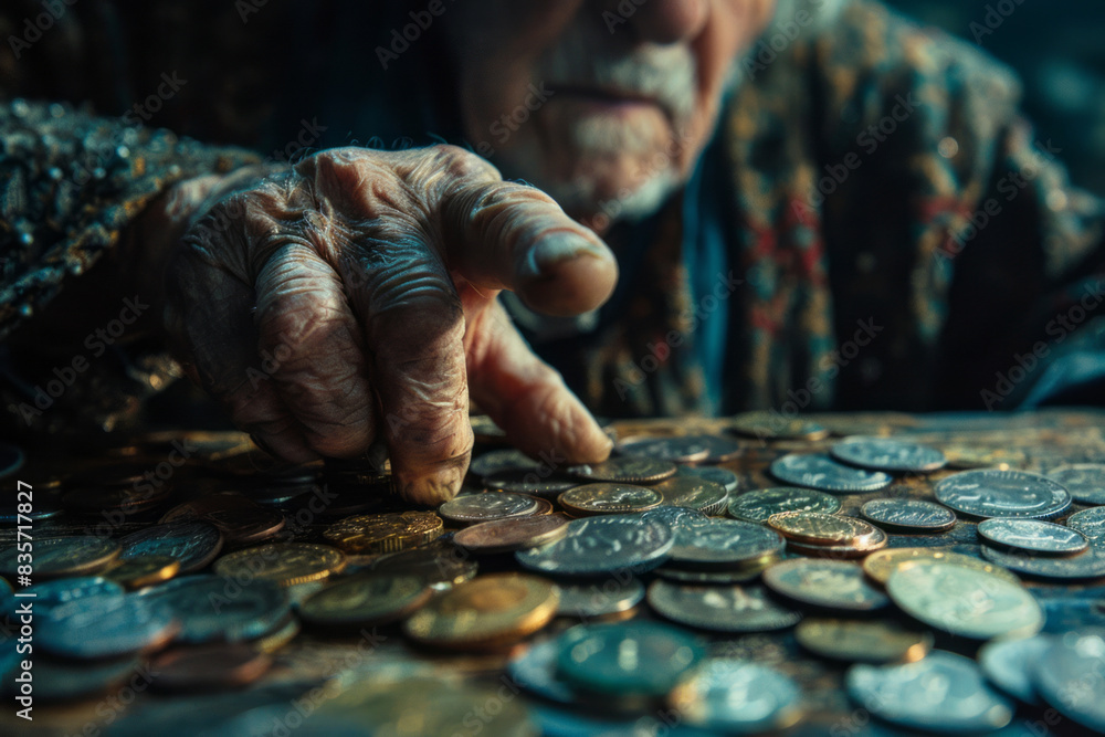 An elderly person counting coins on the table, pointing at some of them ...