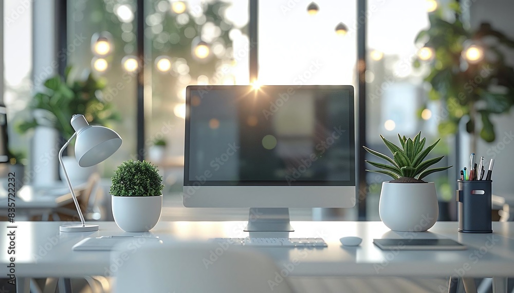 Create a realistic photo of a modern office desk with a sleek laptop, a ...