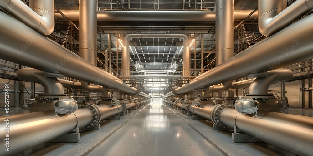 Interior view of industrial power plant with intricate network of pipes ...