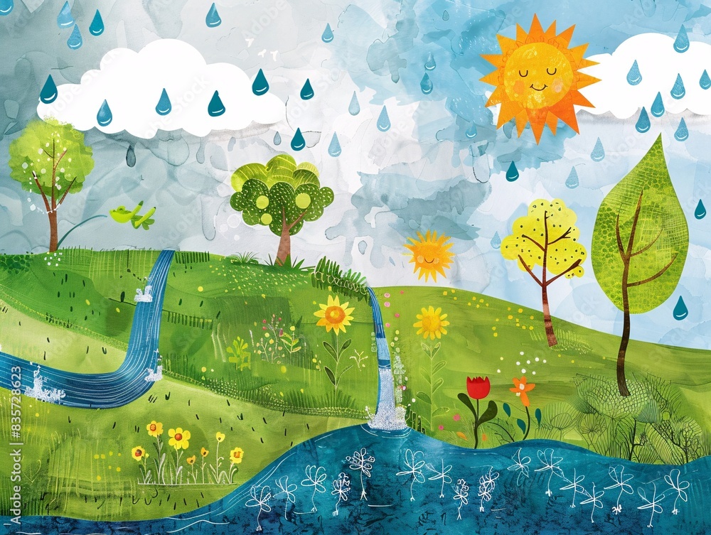 A whimsical children's book illustration of the water cycle in a 4:3 ...