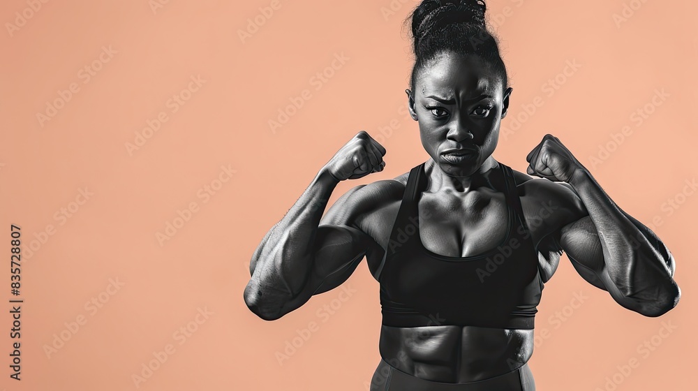 black and white female fitness model with lean muscle making a focused ...