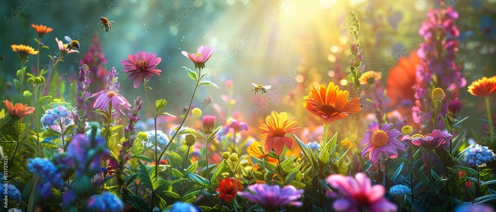 Lush garden with blooming flowers and buzzing bees, vibrant colors and ...
