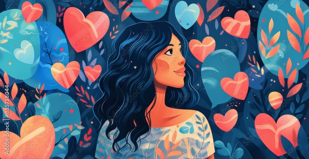 Highres illustration of a beautiful woman surrounded by positive ...