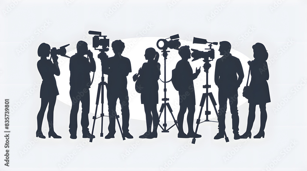 Journalist news reporter interview camera crew vector silhouette ...