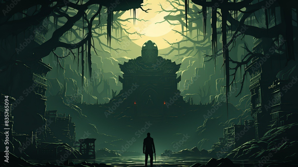 Among the ruins of an ancient temple in a dense jungle, the businessman ...