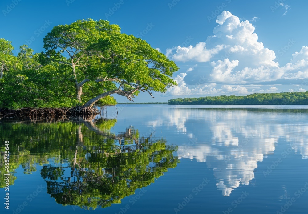 In the stillness of a lagoon, mangrove trees find their reflection ...