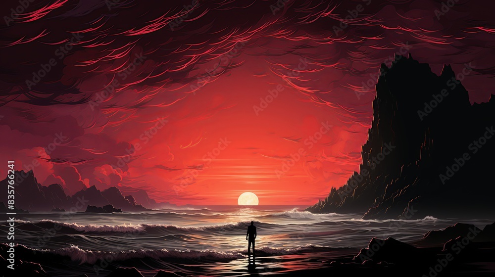 At the edge of a dark ocean under a full moon, the businessman stares ...