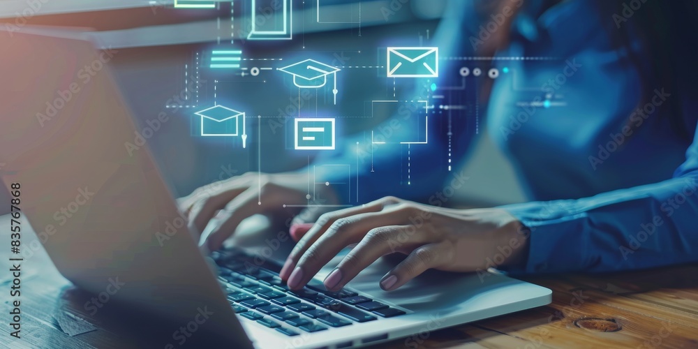 A person is typing on a laptop with digital icons overlay, focusing on technology, remote ...