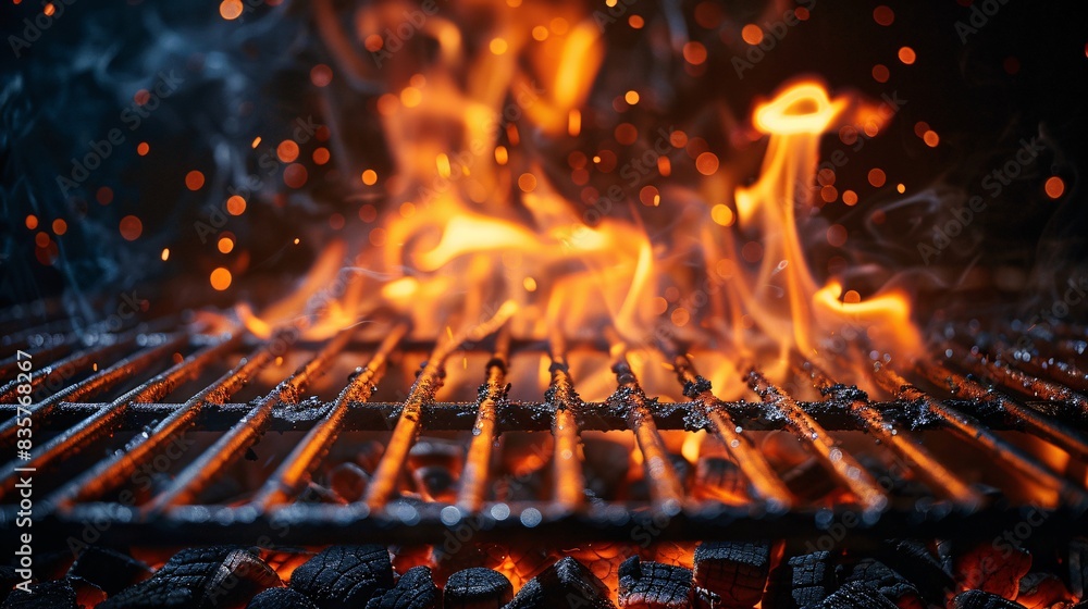 Barbecue grill with roaring fire flames, empty fire grid glowing on a ...