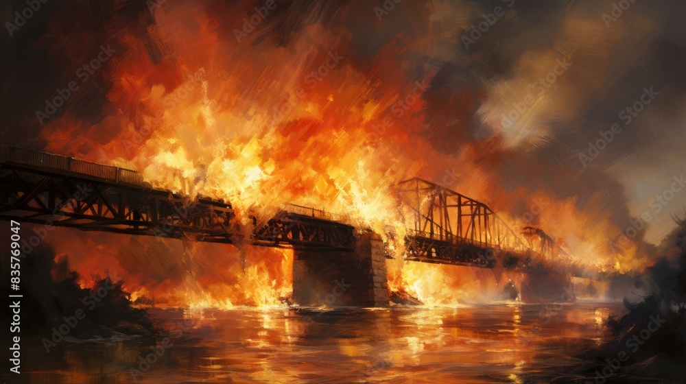 Photograph of a bridge under a starry night sky, with flames licking at ...