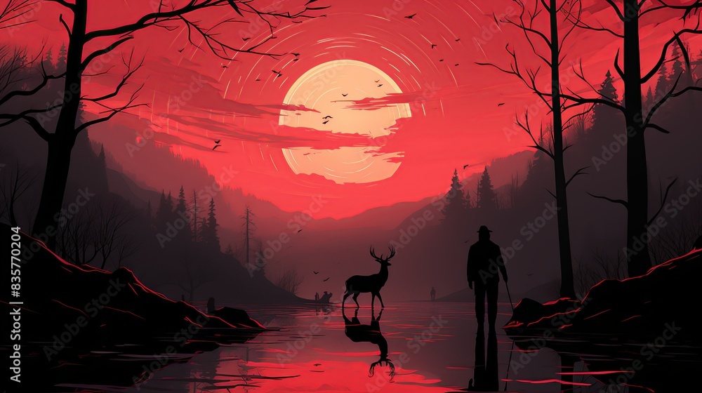 In a serene meadow under a crescent moon, the businessman sets up a ...