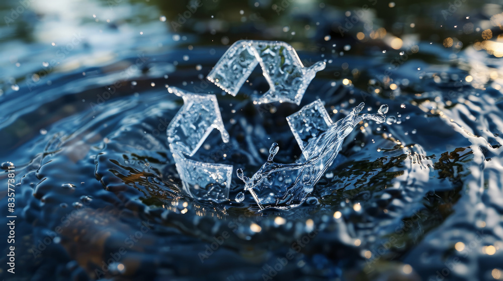 Water droplets form a recycling symbol, illustrating the importance of ...
