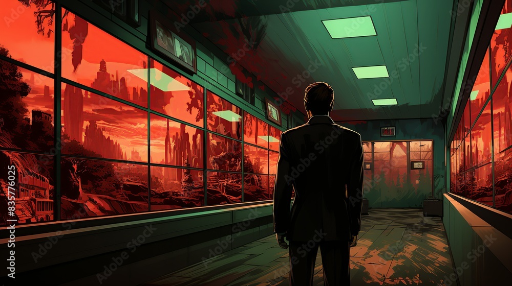 The businessman in an underground bunker, reviewing surveillance ...