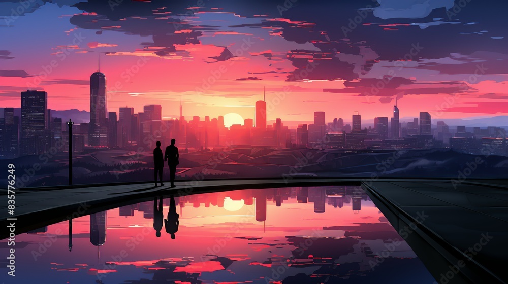 The businessman in a sleek, futuristic office building, looking out ...