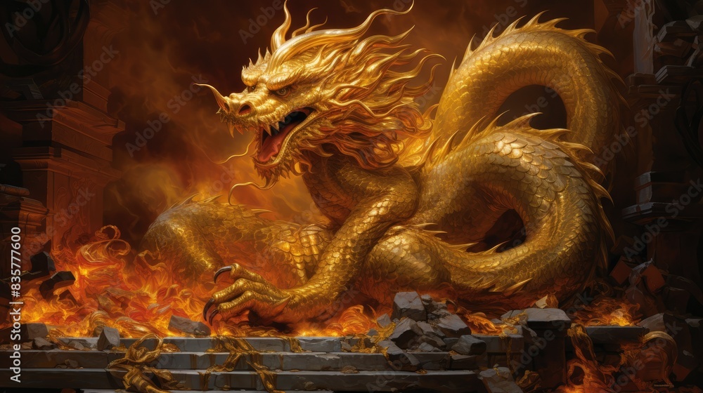 Photograph of a shimmering golden dragon guarding a treasure trove, its ...