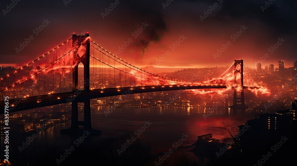 Photograph of a suspension bridge ablaze, its cables glowing red ...